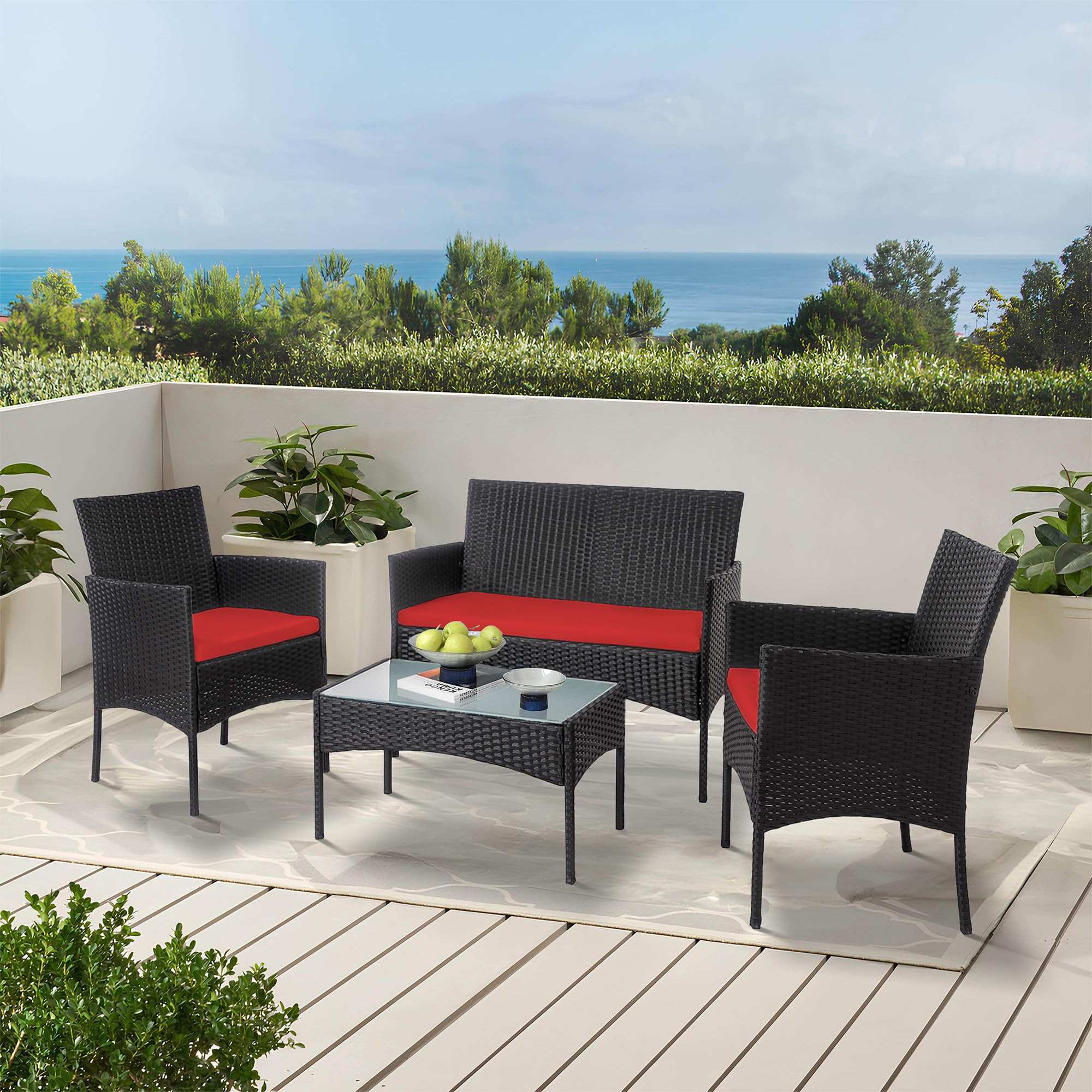 PROHIKER 4 Piece Outdoor Wicker Patio Conversation Furniture Set, Rattan Chair Wicker Sofa Garden Conversation Sets with Cushion and Glass Table for Yard Pool or Backyard, Black/Red