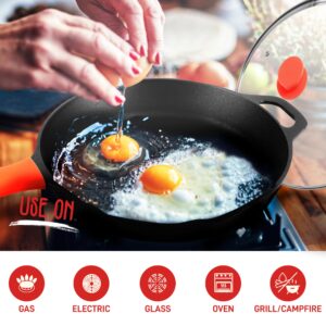 NutriChef 12-Inch Cast Iron Skillet w/Lid - Pre-Seasoned, Oven Safe, Nonstick, Cool-Touch Silicone Handle, For All Cooktops - NCCI12