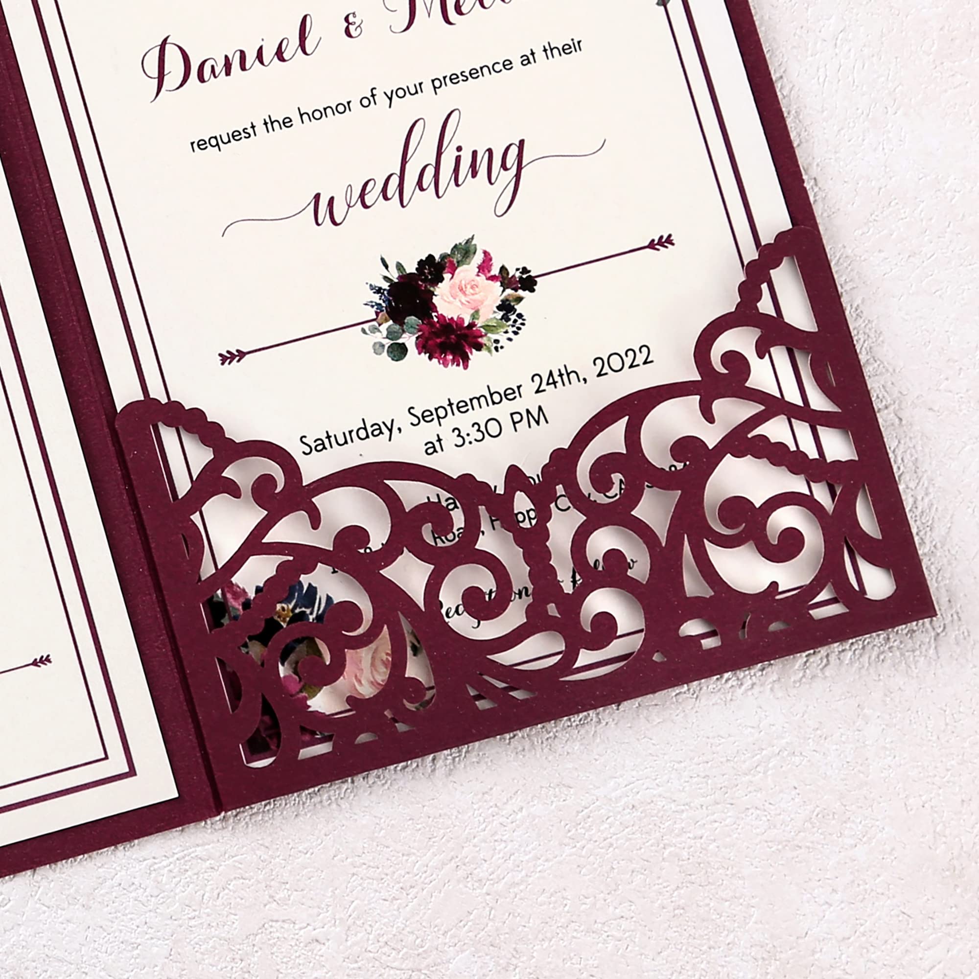 DreamBuilt 4.7 x7 inch 50PCS Blank Burgundy Laser Cut Wedding Invitations With Envelopes Kit Hollow Rose Pocket And Gold Glitter Belly Band for Wedding Bridal Shower Engagement Invite