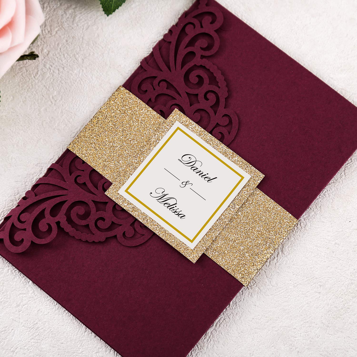 DreamBuilt 4.7 x7 inch 50PCS Blank Burgundy Laser Cut Wedding Invitations With Envelopes Kit Hollow Rose Pocket And Gold Glitter Belly Band for Wedding Bridal Shower Engagement Invite