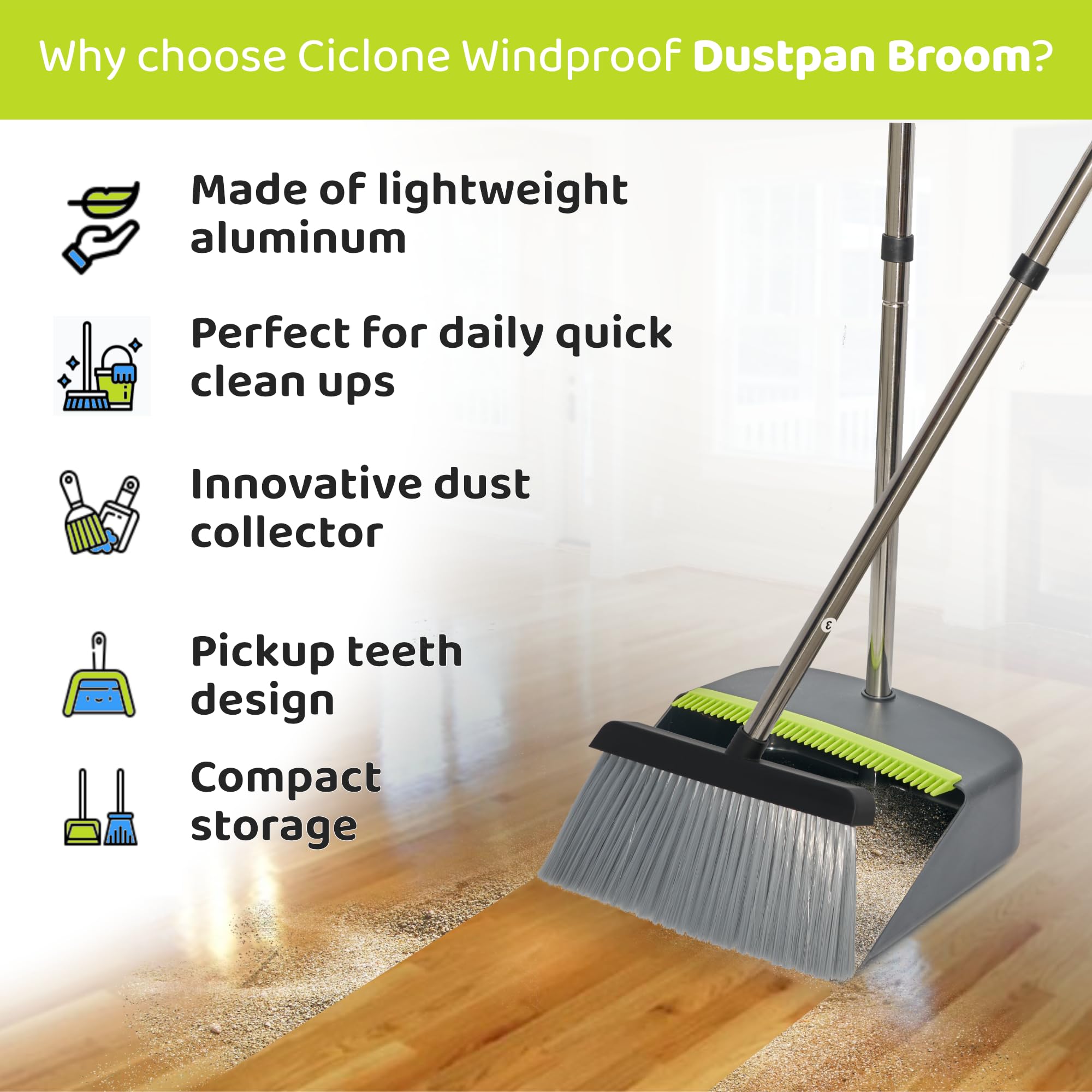 Ciclone Ispinmop Broom with Dustpan Combo Set with Long Handles - Lightweight Indoor & Outdoor Broom and Dustpan Set for Home & Office - Broom with Stand Up Dustpan and Innovative Dust Collector