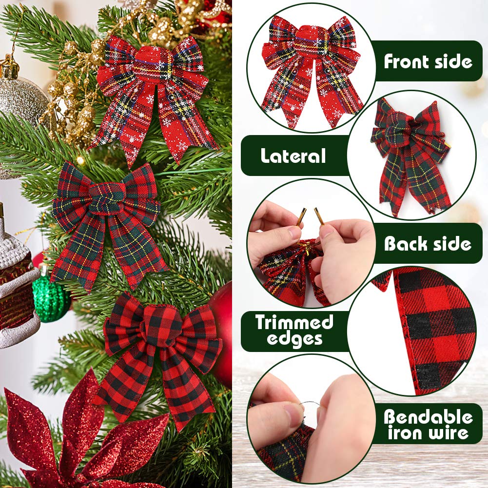 JOHOUSE Red Buffalo Plaid Bows 12PCS Christmas Tree Bows Christmas Wreath Bow for Christmas Outdoor Decorations