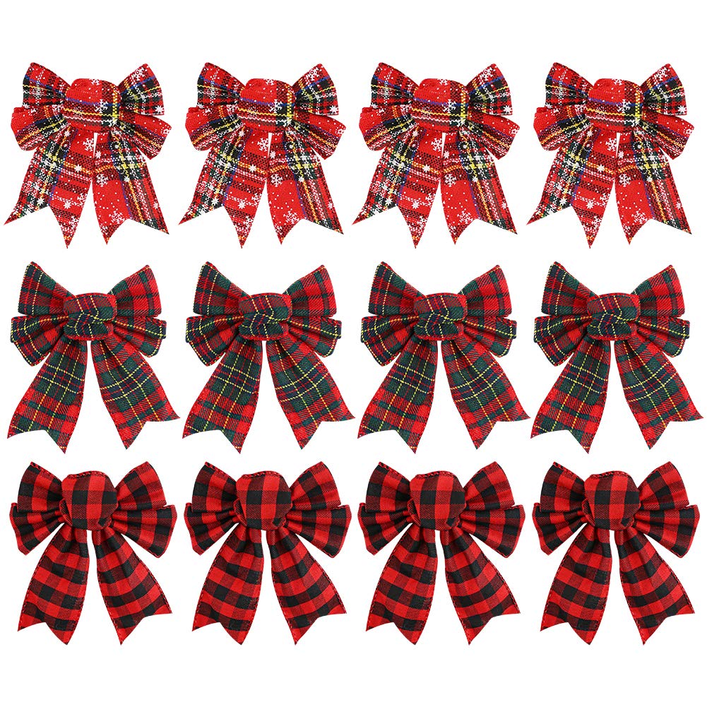 JOHOUSE Red Buffalo Plaid Bows 12PCS Christmas Tree Bows Christmas Wreath Bow for Christmas Outdoor Decorations