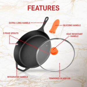 NutriChef 12-Inch Cast Iron Skillet w/Lid - Pre-Seasoned, Oven Safe, Nonstick, Cool-Touch Silicone Handle, For All Cooktops - NCCI12