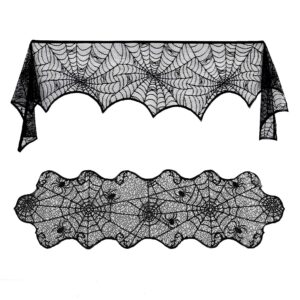 lulu home halloween fireplace decorations, fireplace mantle scarf cover and table cloth, black lace spider web for table, door, window and fireplace decoration, halloween decoration