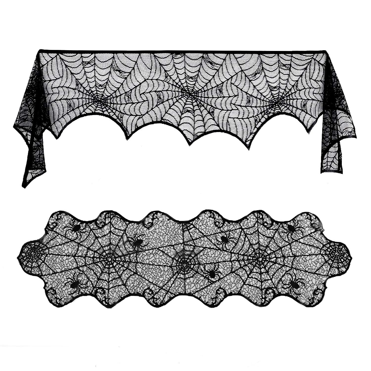 Lulu Home Halloween Fireplace Decorations, Fireplace Mantle Scarf Cover and Table Cloth, Black Lace Spider Web for Table, Door, Window and Fireplace Decoration, Halloween Decoration