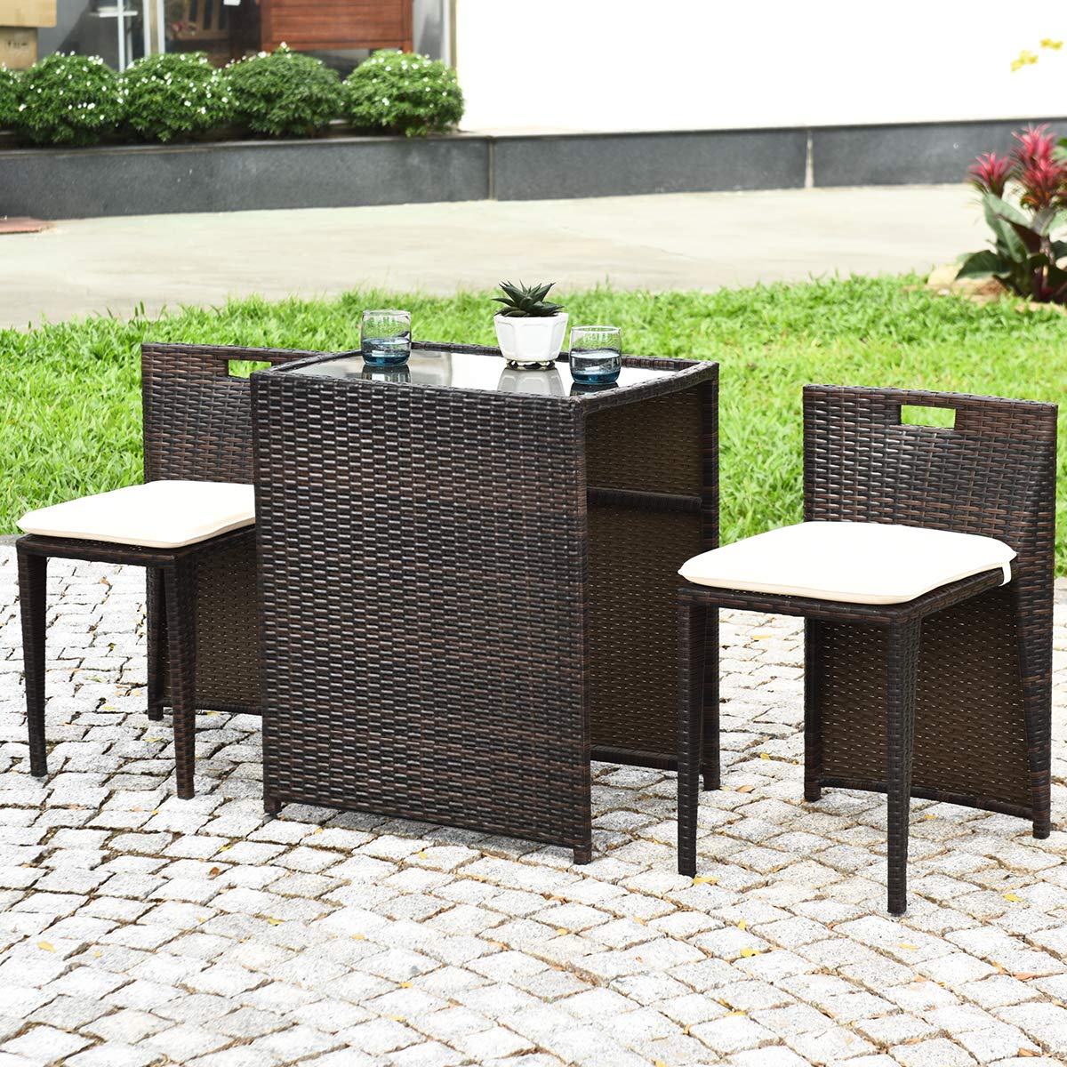 Tangkula 3 Piece Outdoor Rattan Dining Set, No Assembly Patio Bistro Set with Tempered Glass Table, Space Saving Patio Wicker Cushioned Chair Furniture Set for Courtyard, Balcony, Garden (Brown)