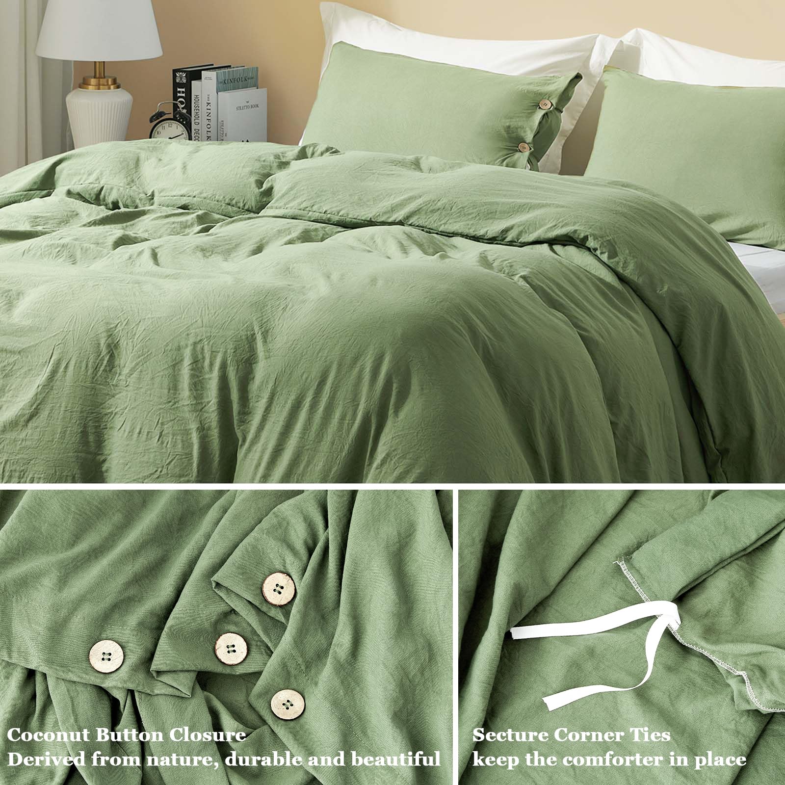 SunStyle Home Olive Green Duvet Cover King Size - Soft Double Brushed King Duvet Cover Set, 1 Duvet Cover 104x90 inches and 2 Pillow Shams, 3 Pieces Comforter Cover with Button Closure