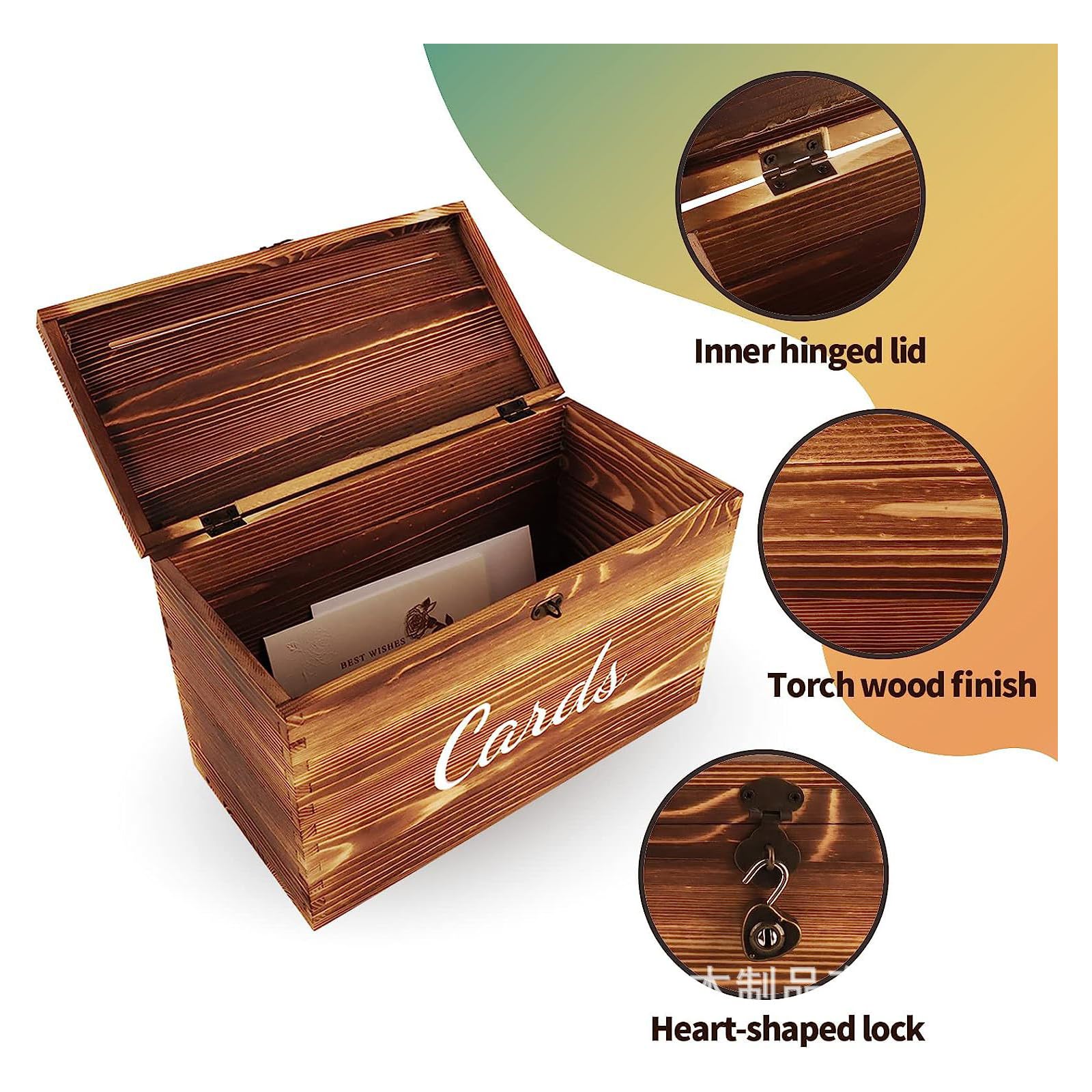 PUTOTE Rustic Wooden Card Box with Lock（ 10×10×6 in:Wedding,Shower Anniversary etc