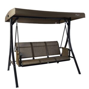 kozyard brenda 3-seat patio swing chair, outdoor porch swing glider with adjustable canopy, side pouches, breathable seat and back, for garden, poolside, backyard (taupe)