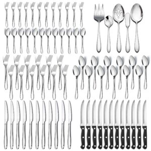 77-piece silverware set with steak knives serving utensils, e-far stainless steel flatware cutlery set for 12, modern tableware eating utensils for restaurant kitchen, mirror polished, dishwasher safe