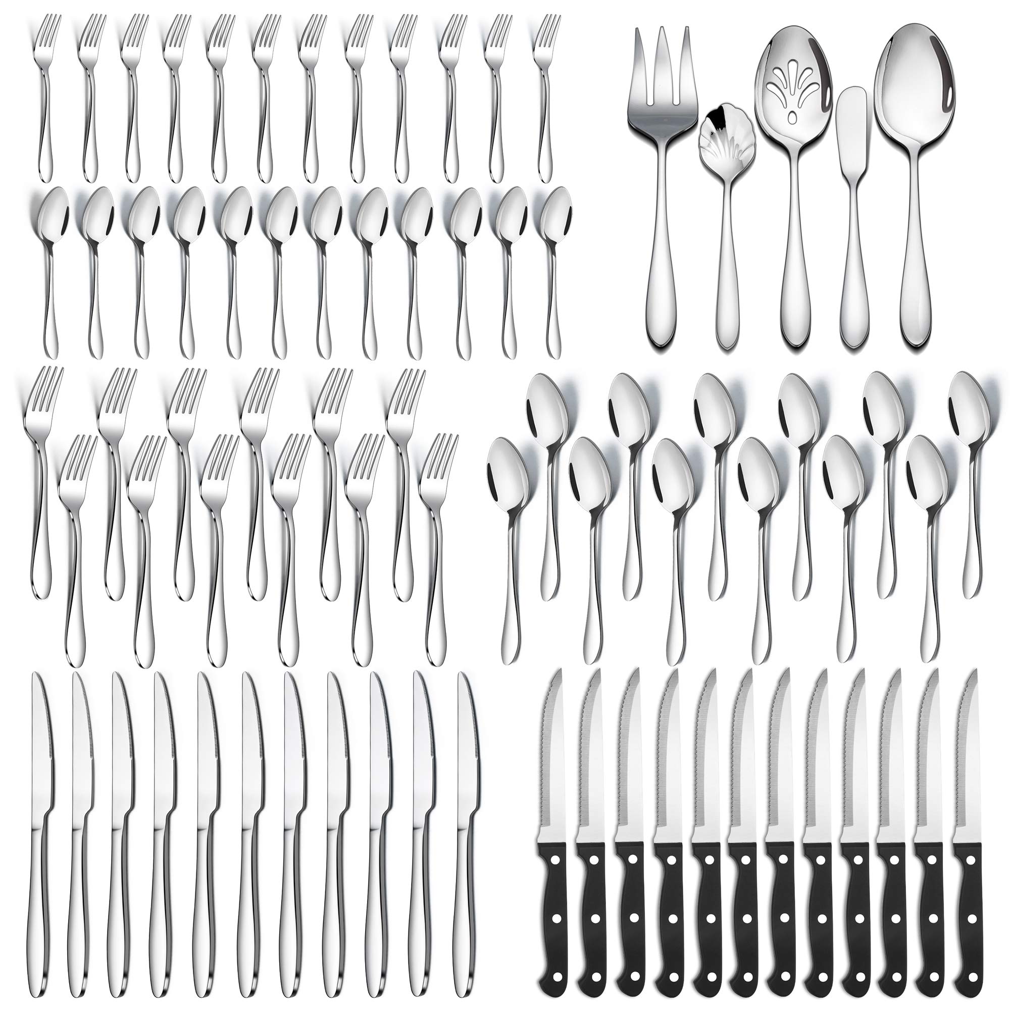 77-Piece Silverware Set with Steak Knives Serving Utensils, E-far Stainless Steel Flatware Cutlery Set for 12, Modern Tableware Eating Utensils for Restaurant Kitchen, Mirror Polished, Dishwasher Safe