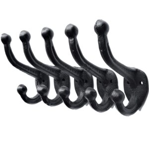 rustic hooks, matte black cast iron wall hooks (set of 5), modern farmhouse decor, matching screws included - easy to install. sturdy and heavy coat hooks hardware, decorative hooks, farmhouse hooks