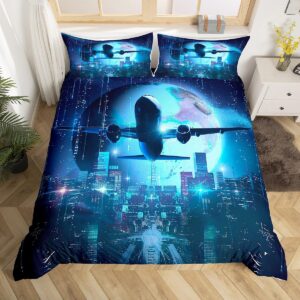 aircraft comforter cover airplane print bedding set cityscape duvet cover for children kids boys girls helicopter flying plane bedspread cover modern city building decor 3pcs bedclothes queen size