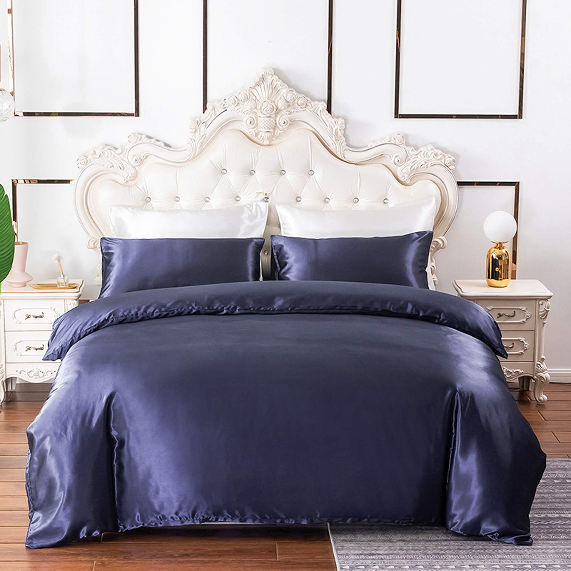 Vagasi Royal Blue Duvet Cover Set Queen Size 3 Pieces - Comforter Cover Super Soft with 2 Pillow Shams - Satin Bedding Set Breathable & Smooth with Zipper Closure