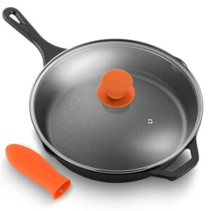 nutrichef 12-inch cast iron skillet w/lid - pre-seasoned, oven safe, nonstick, cool-touch silicone handle, for all cooktops - ncci12