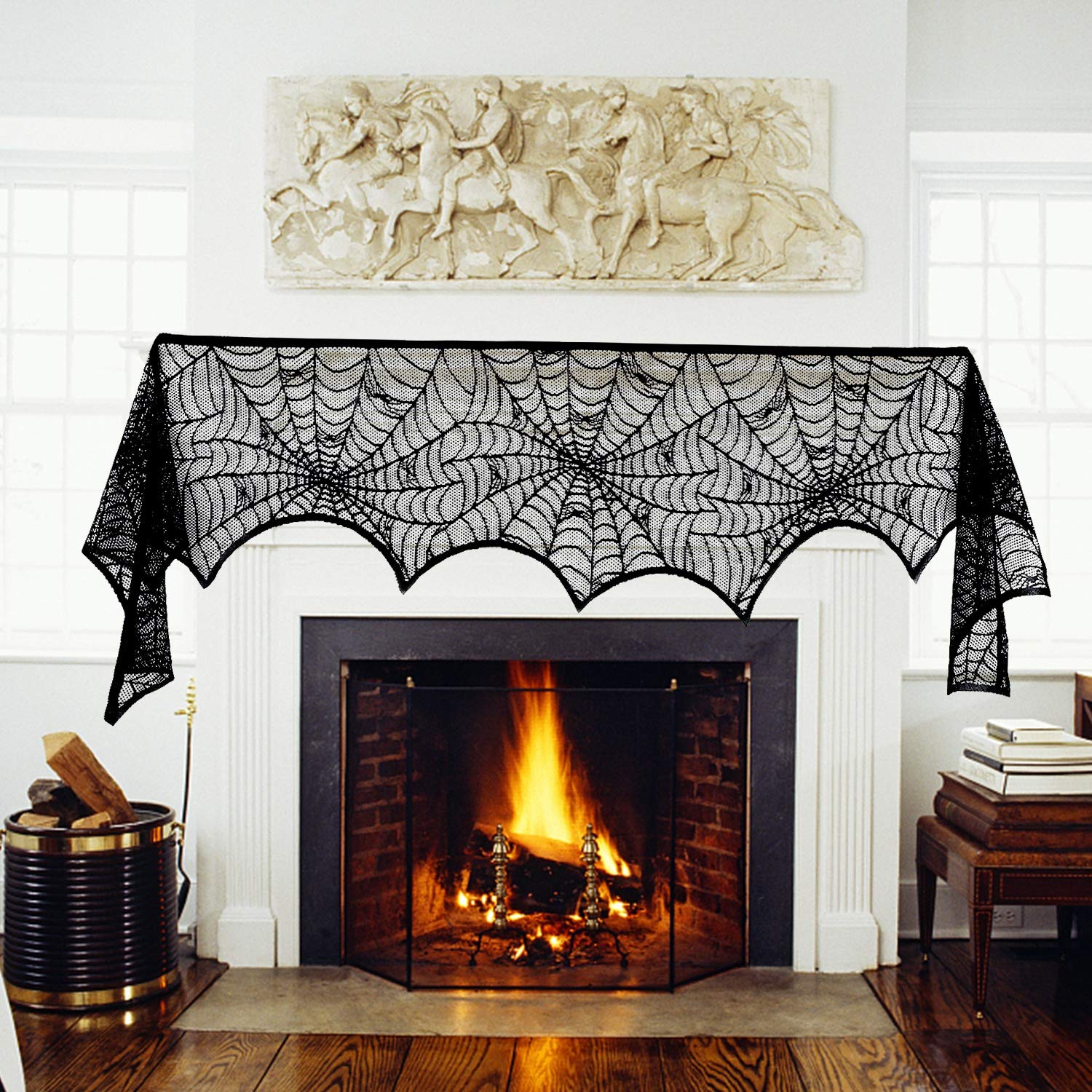 Lulu Home Halloween Fireplace Decorations, Fireplace Mantle Scarf Cover and Table Cloth, Black Lace Spider Web for Table, Door, Window and Fireplace Decoration, Halloween Decoration