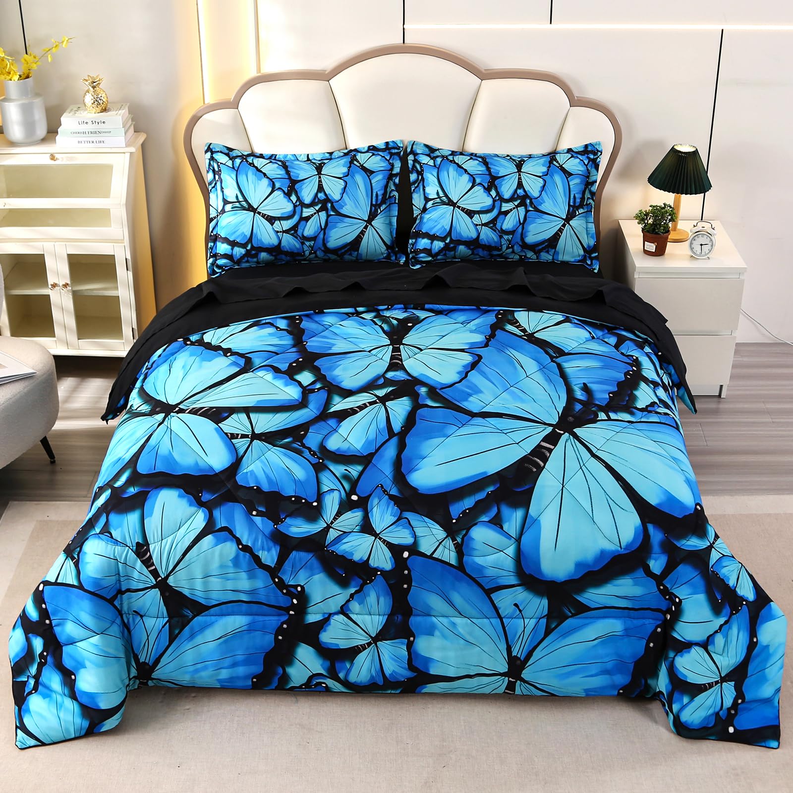 Wowelife Butterfly Bedding Sets Twin Comforter Set for Girls 5 Piece Blue Butterfly Twin Bed Set Teens Bed in a Bag Set with Sheets Lightweight Comfortable and Breathable for Kids