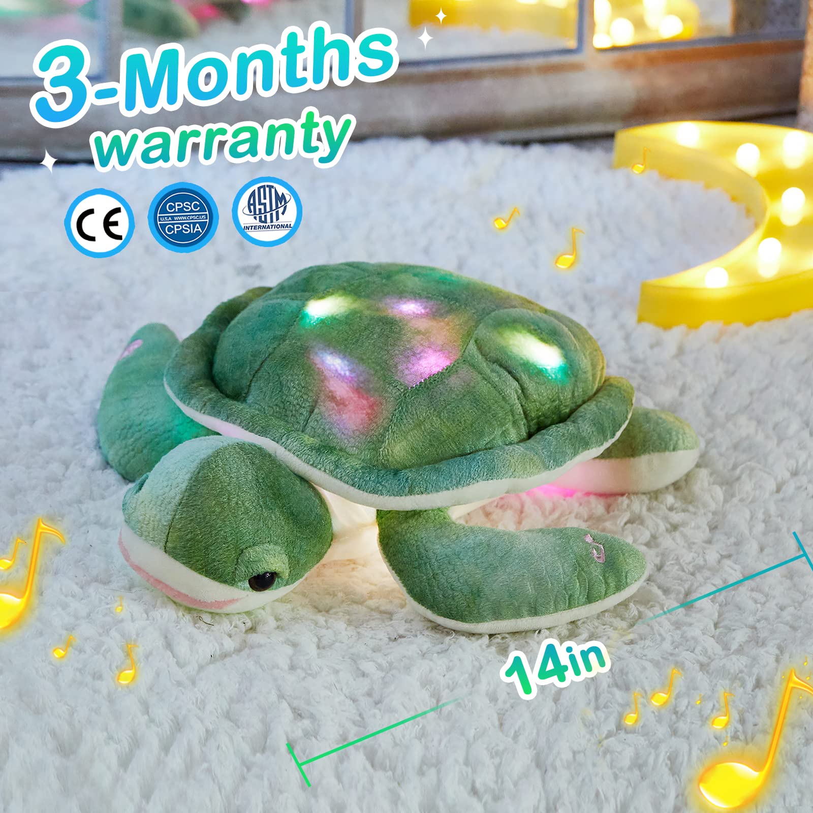 Glow Guards 14'' Light up Musical Sea Turtle Stuffed Animal Ocean Life Soft Plush Toy Pillow with Lullabies LED Night Lights Singing Children's Day Birthday Gifts for Toddler Kids