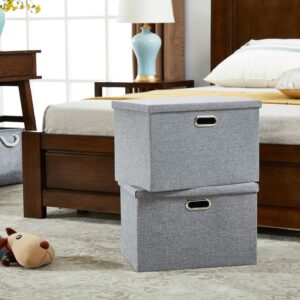 AlphaHome Large Storage Bins with Lids [2 Pack], Foldable Linen Fabric Large Storage Baskets for Organising Clothes and Toys(Glaucous Grey, Large - 15.4 x 10.6 x 9.8)…