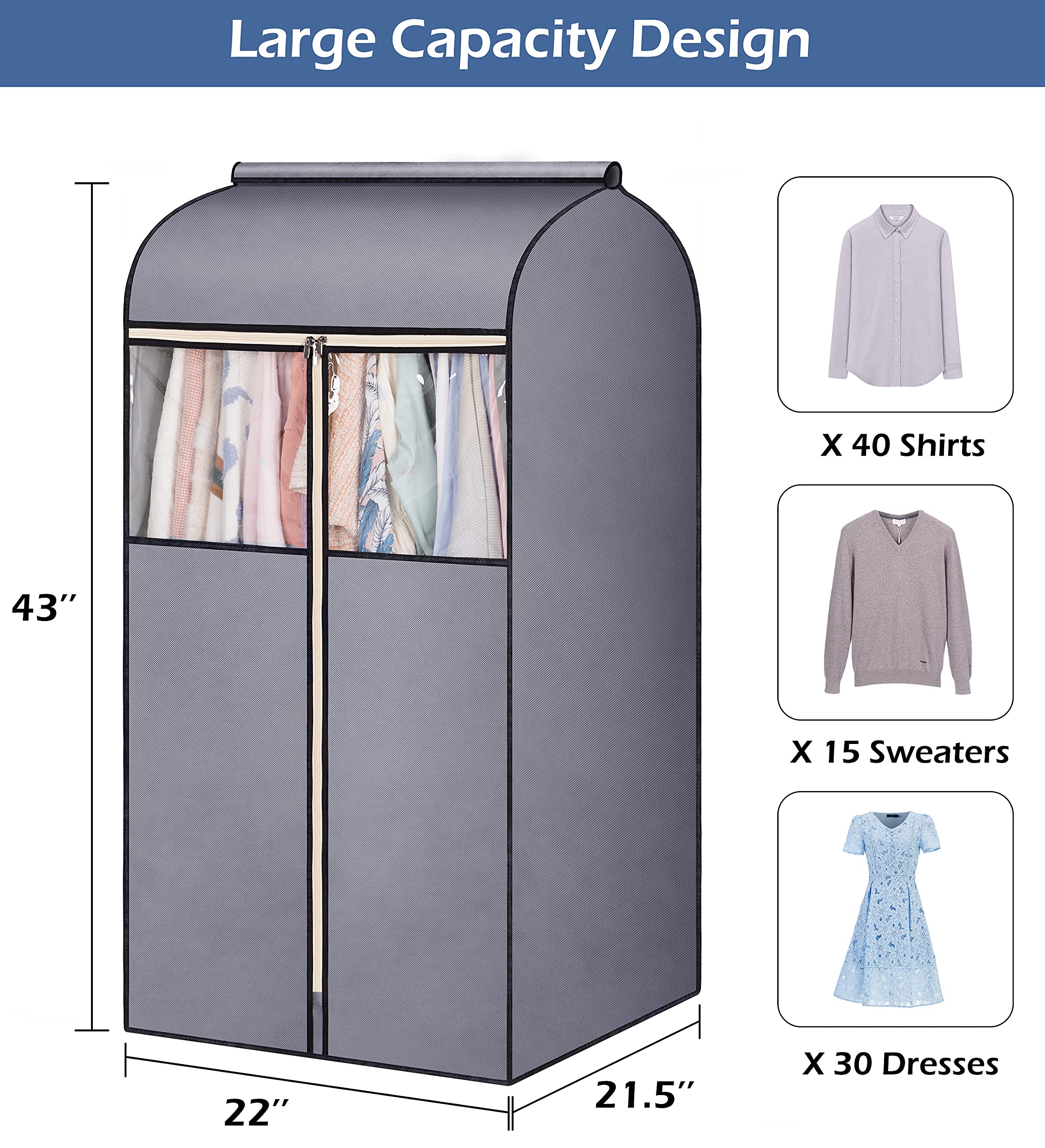 SLEEPING LAMB 43'' Garment Bags for Closet Storage with Zippers Completely Closed Wardrobe for Hanging Clothes Suits Coats Cover, 2 Packs, Grey(Hanging Rod Not Included)