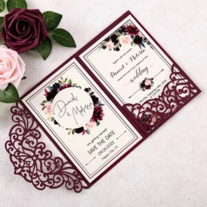 DreamBuilt 4.7 x7 inch 50PCS Blank Burgundy Laser Cut Wedding Invitations With Envelopes Kit Hollow Rose Pocket And Gold Glitter Belly Band for Wedding Bridal Shower Engagement Invite