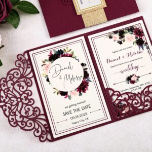 DreamBuilt 4.7 x7 inch 50PCS Blank Burgundy Laser Cut Wedding Invitations With Envelopes Kit Hollow Rose Pocket And Gold Glitter Belly Band for Wedding Bridal Shower Engagement Invite