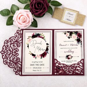 DreamBuilt 4.7 x7 inch 50PCS Blank Burgundy Laser Cut Wedding Invitations With Envelopes Kit Hollow Rose Pocket And Gold Glitter Belly Band for Wedding Bridal Shower Engagement Invite