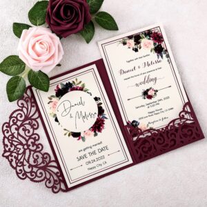 DreamBuilt 4.7 x7 inch 50PCS Blank Burgundy Laser Cut Wedding Invitations With Envelopes Kit Hollow Rose Pocket And Gold Glitter Belly Band for Wedding Bridal Shower Engagement Invite