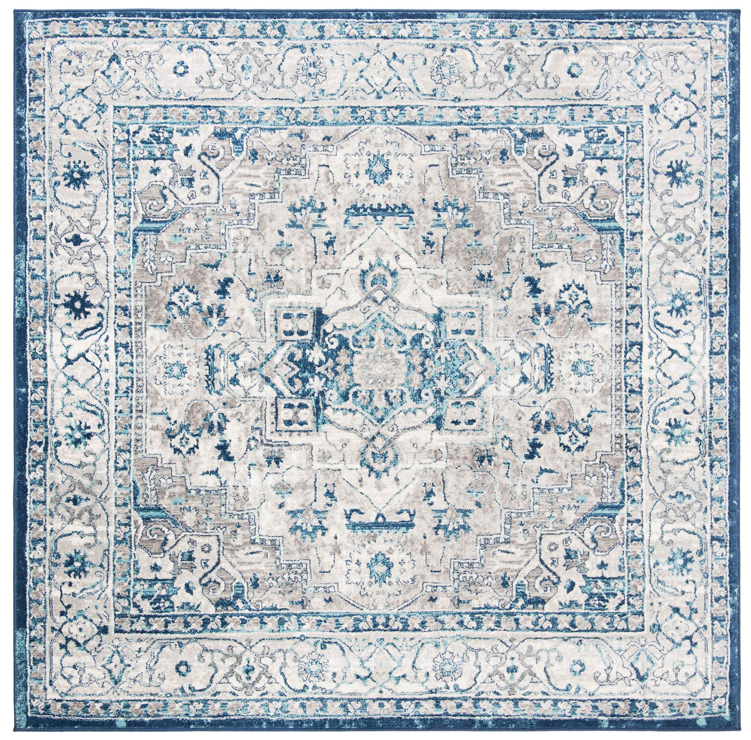 SAFAVIEH Brentwood Collection 9' Square Light Grey/Blue BNT851G Medallion Distressed Non-Shedding Living Room Bedroom Dining Home Office Area Rug