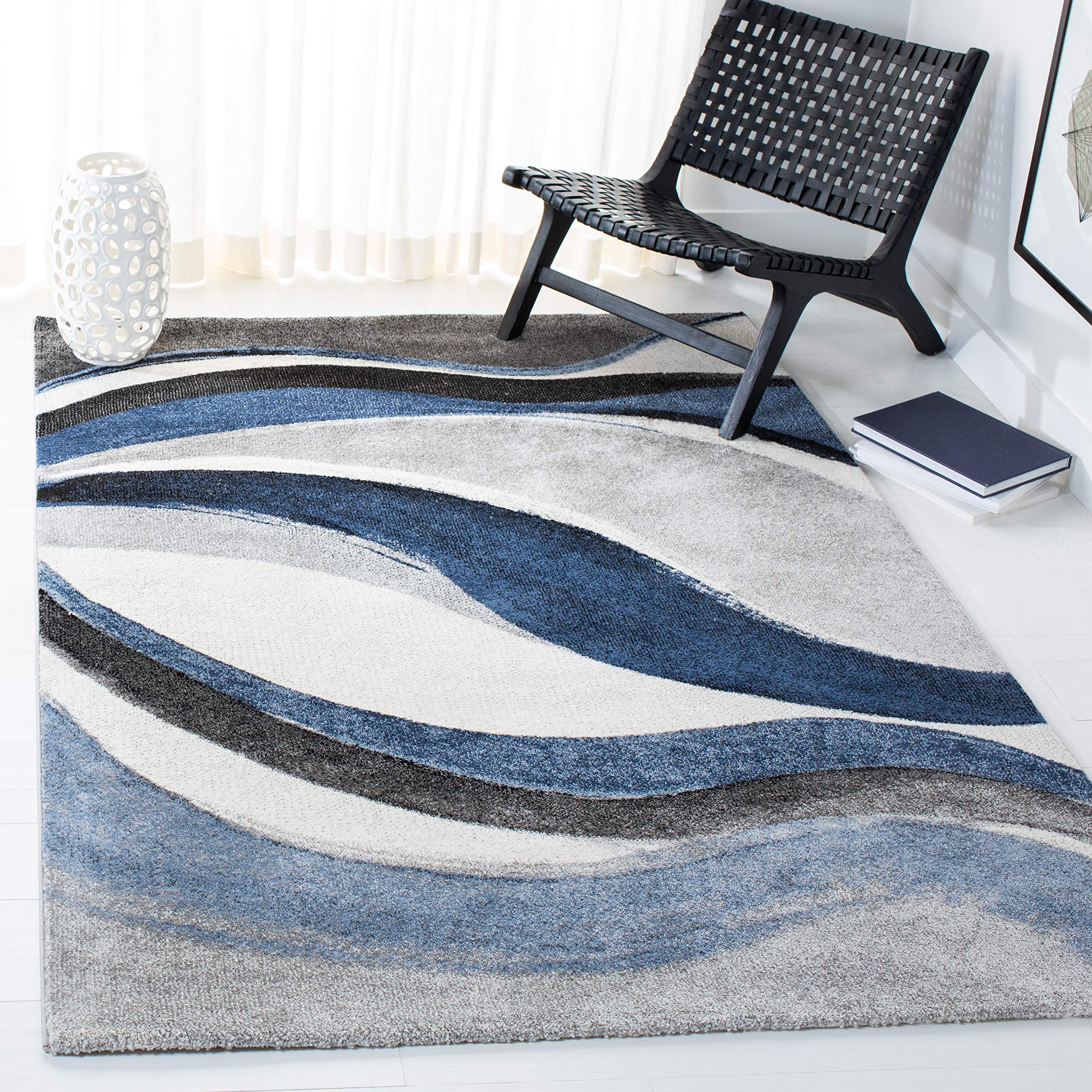 SAFAVIEH Hollywood Collection Accent Rug - 4' x 6', Grey & Blue, Mid-Century Modern Design, Non-Shedding & Easy Care, Ideal for High Traffic Areas in Entryway, Living Room, Bedroom (HLW766F)