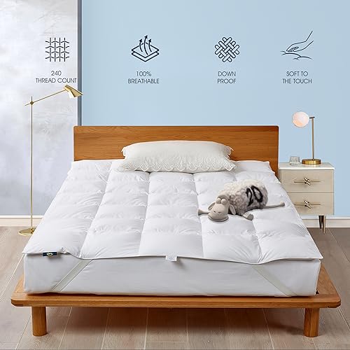 Serta White Goose Feather Down Bed Mattress Topper King Size - Plush Fluffy Anchor Bands Mattress Pad 240 Thread Count 100% Cotton Fabric Featherbed, 78"x80"