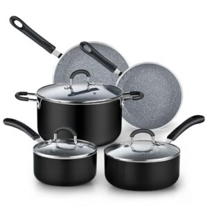 cook n home pots and pans nonstick kitchen cookware sets include saucepan frying pan stockpots 8-piece, heavy gauge, stay cool handle, marble