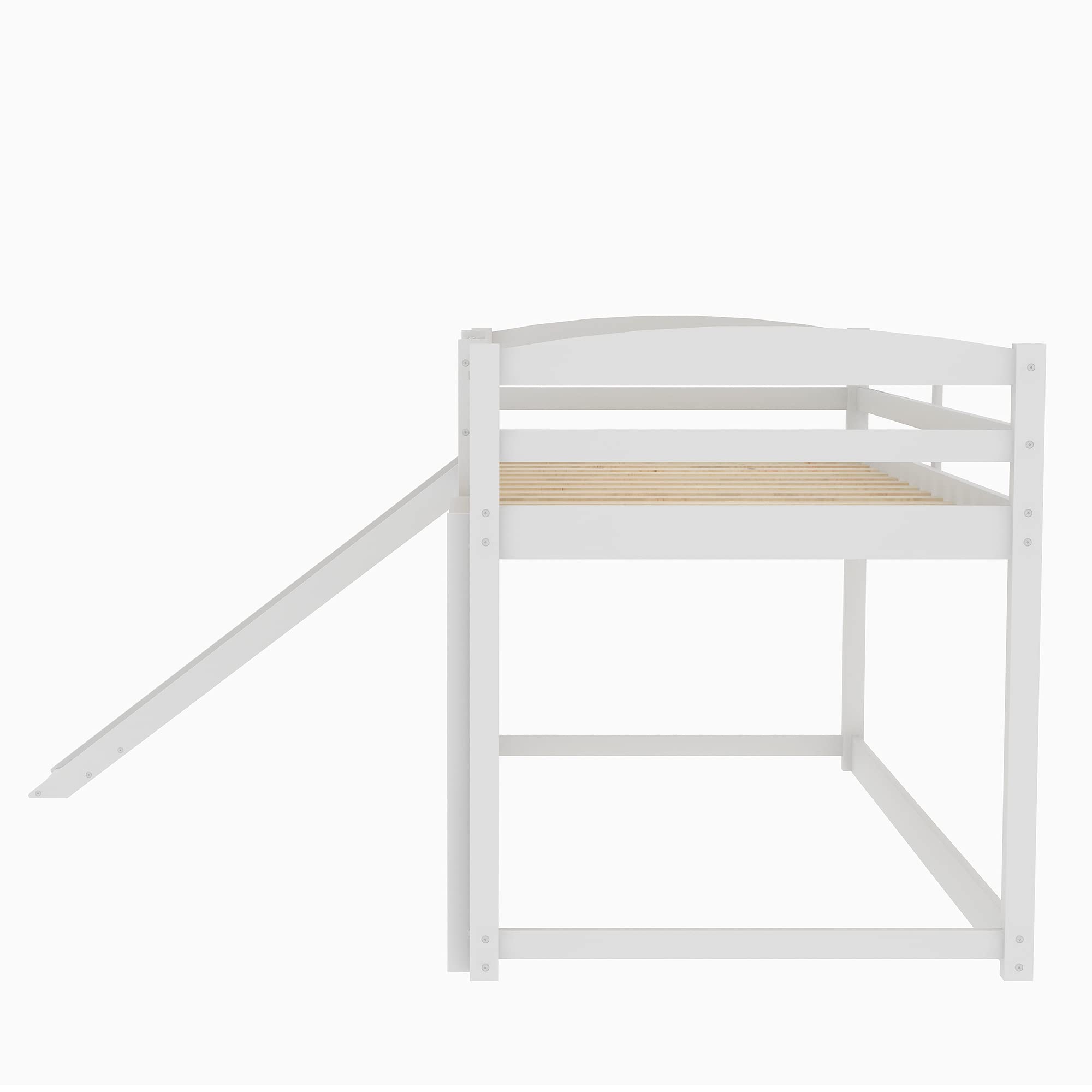 SOFTSEA Floor Bunk Bed with Slide for Teens, Twin Over Twin Low Bunk Bed with Full Guardrails(White)