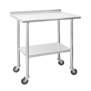 hally stainless steel table for prep & work 24 x 36 inches with caster wheels, nsf commercial heavy duty table with undershelf and backsplash for restaurant, home and hotel