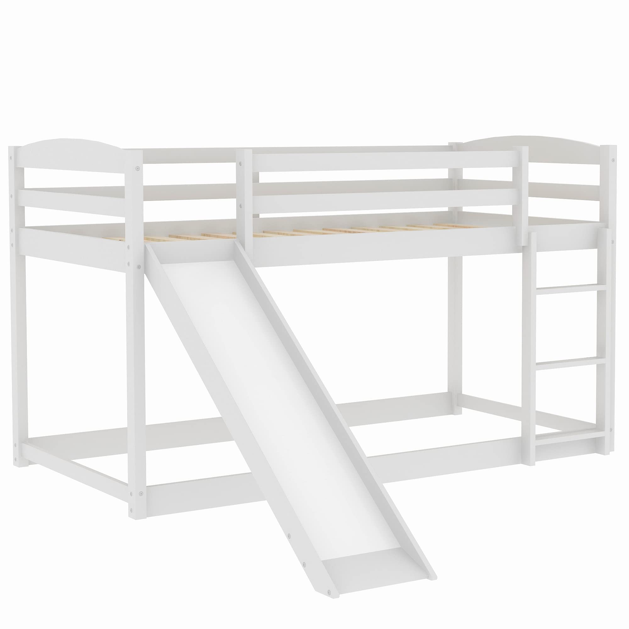 SOFTSEA Floor Bunk Bed with Slide for Teens, Twin Over Twin Low Bunk Bed with Full Guardrails(White)