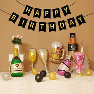 OULAIZ Happy Birthday Banner with Beer Mug Whiskey Bottle & Crown Mylar Foil Balloons, Birthday Party Decorations Supplies for Men and Women