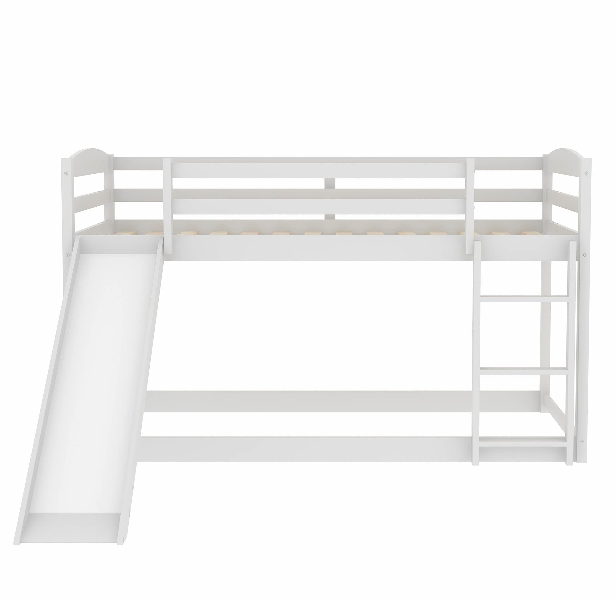 SOFTSEA Floor Bunk Bed with Slide for Teens, Twin Over Twin Low Bunk Bed with Full Guardrails(White)