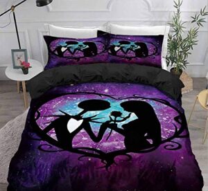 vanson lightweight nightmare before christmas microfiber bedding duvet cover set 3 pieces, jack and sally valentine lover rose printing pattern（no comforter） king size