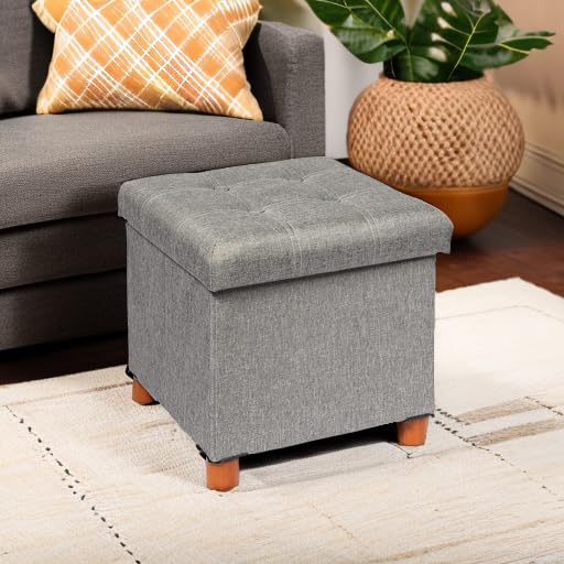 B FSOBEIIALEO Storage Ottoman with Tray, Foot Stools and Ottomans with Legs, Storage Cube Seat Linen Grey 15"