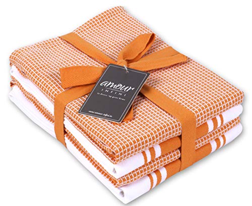 AMOUR INFINI Cotton Kitchen Towels - Set of 4 Highly Absorbent, Ultra Soft Waffle Weave Tea Towel with Hanging Loop - 20x28 Inch Quick Drying Dish Cloths for Cleaning (Orange)