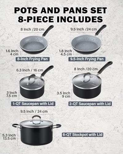 Cook N Home Pots and Pans Nonstick Kitchen Cookware Sets include Saucepan Frying Pan Stockpots 8-Piece, Heavy Gauge, Stay Cool Handle, Marble