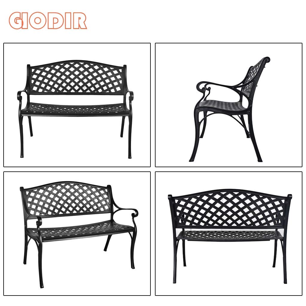 GIODIR Outdoor Patio Garden Bench All-Weather Cast Aluminum Loveseats Park Yard Furniture Porch Chair Work Entryway Decor w/Checkered Design (Black)