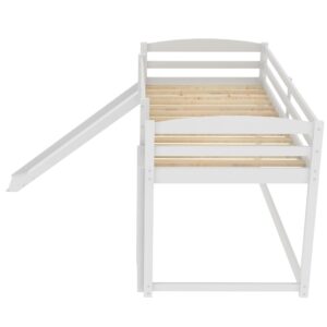 SOFTSEA Floor Bunk Bed with Slide for Teens, Twin Over Twin Low Bunk Bed with Full Guardrails(White)