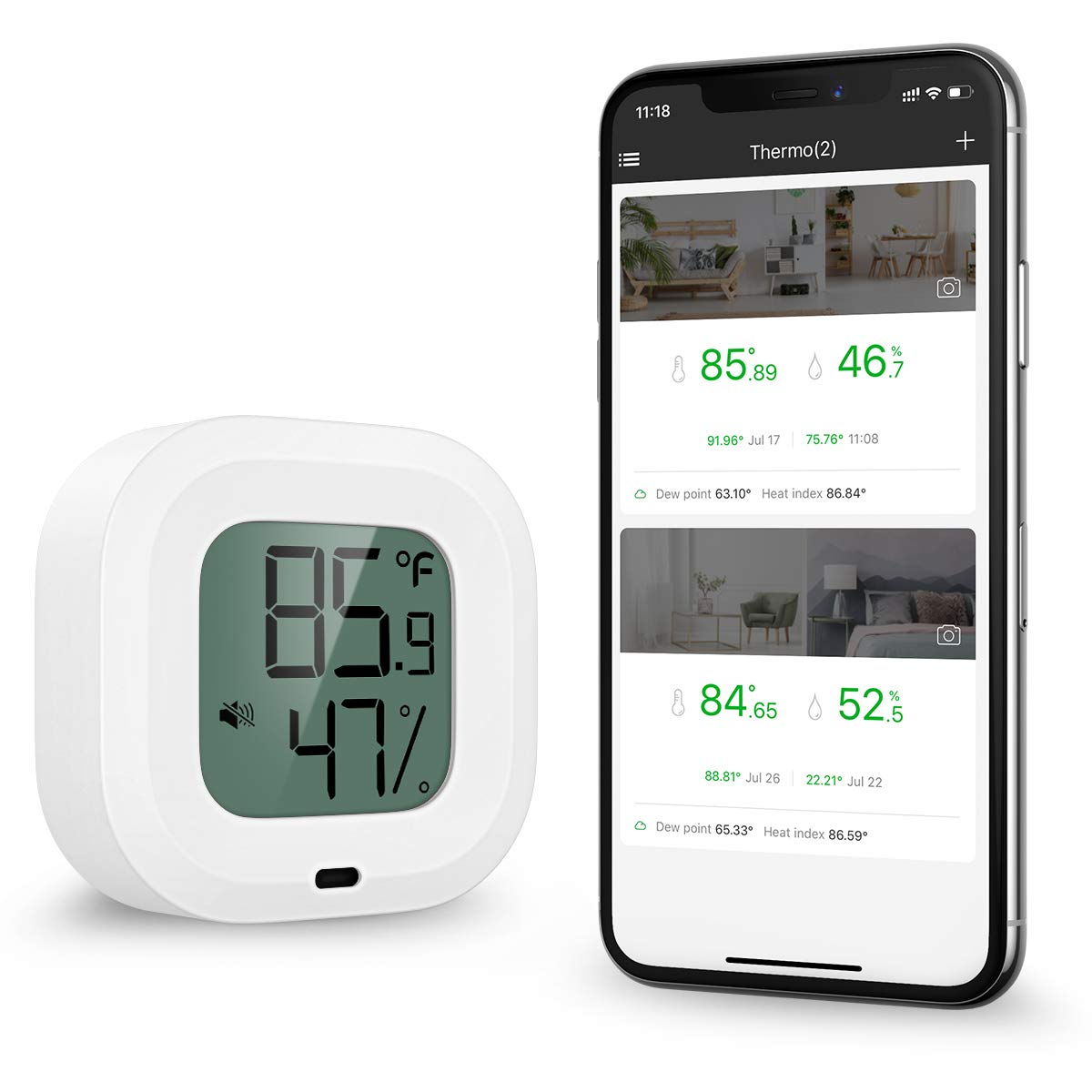 ORIA Mini Wireless Thermometer Hygrometer, Wireless Indoor Temperature Humidity Sensor, Temp Humidity Gauge Meter with APP Alert, Data Export for Home