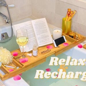 Luxury Bamboo Bathtub Caddy Tray with Two Free Bath Bombs, Soap Holder, and Non-Slip Silicone Grips - Durable and Solid - Expandable Organizer with Removable Spa Trays