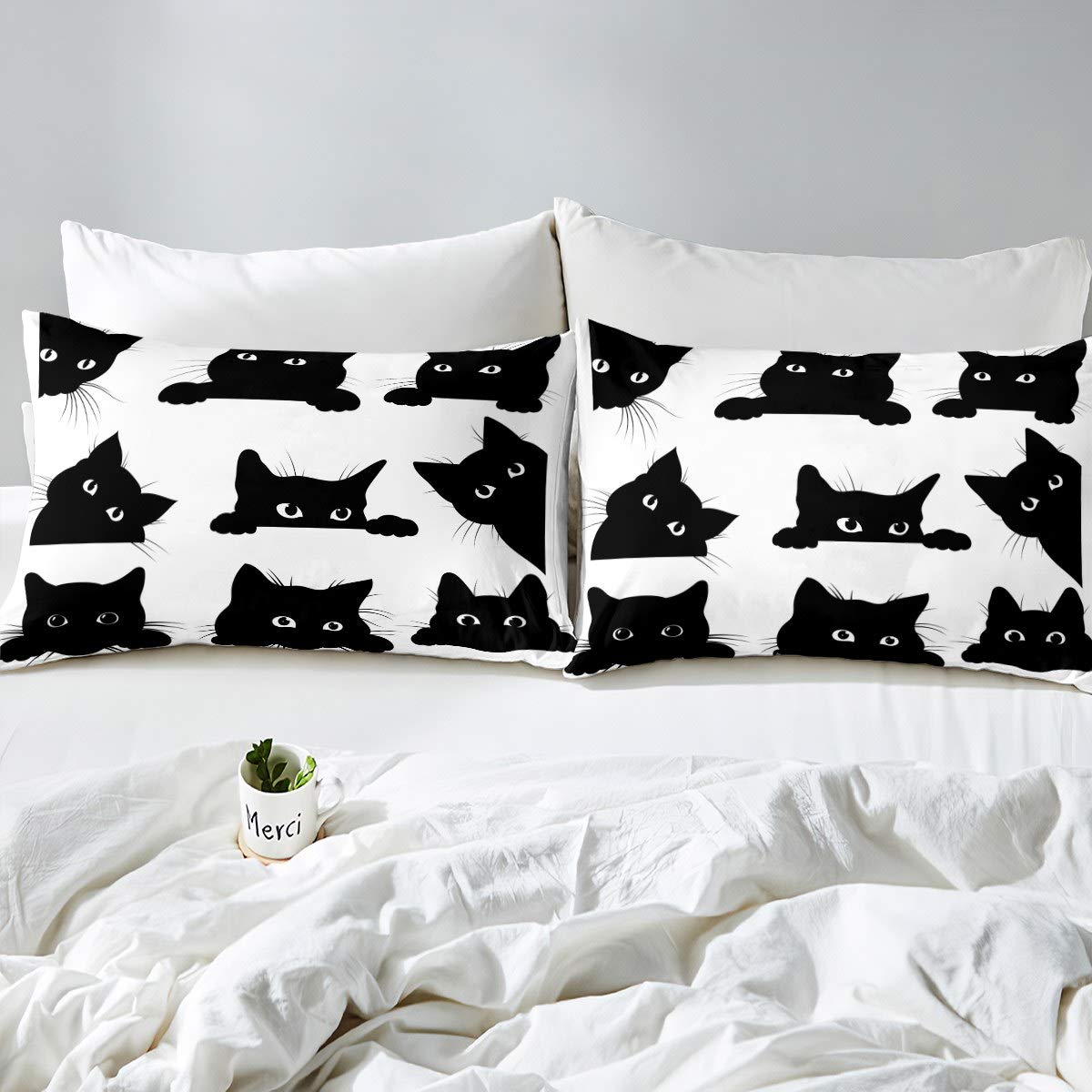 Feelyou Black Cat Bed Sheet Set for Kids Boys Girls Pet Cats Pattern Fitted Sheet Cute Kitten Print Bedding Set 3D Animal Theme Bed Cover Bedroom Decor 2Pcs Twin Size White