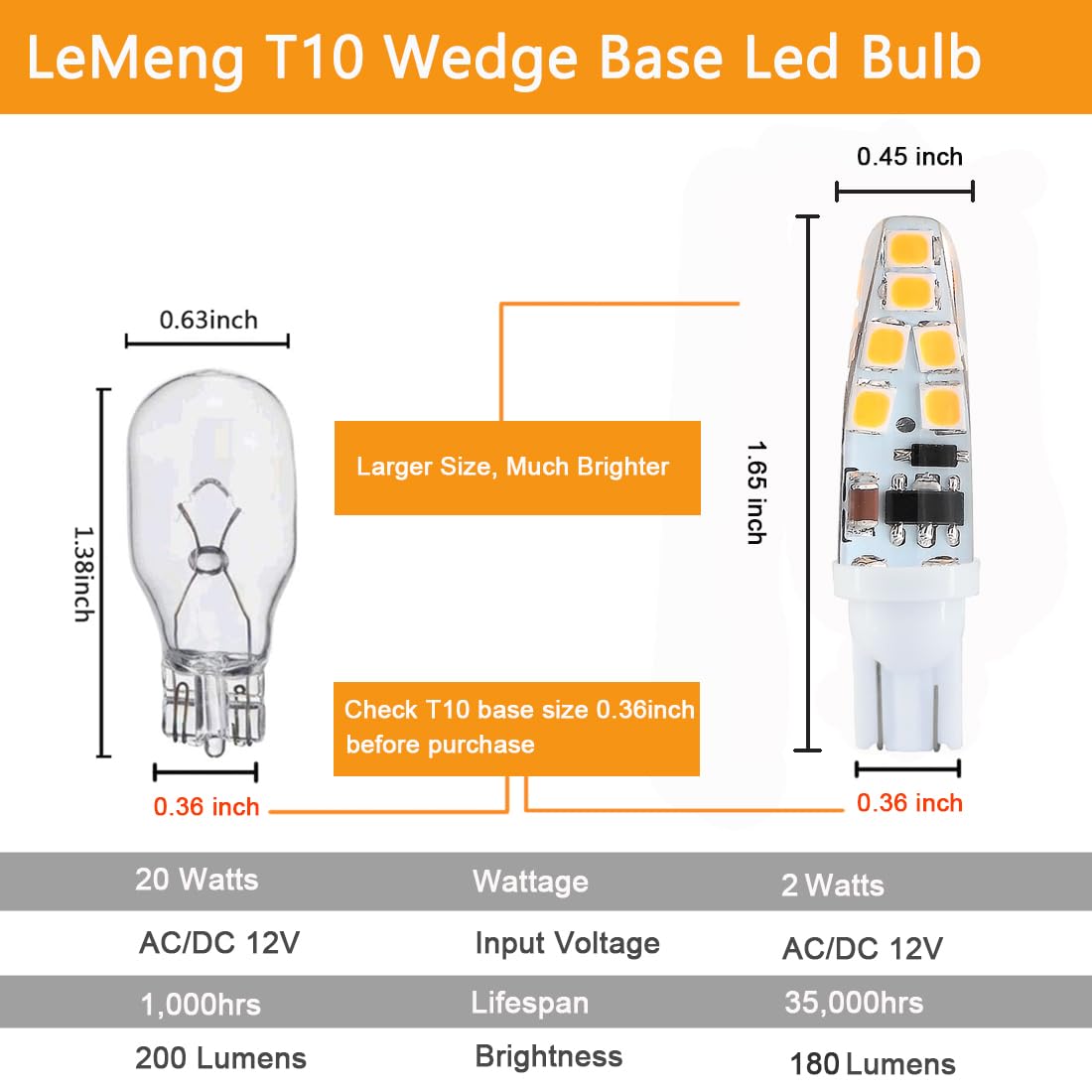 T5 T10 Wedge Base 2W LED Bulb 3000K Warm White for 12V 24volt Landscape Path Light, 921 922 912 194 168 T10 wedge RV Camper Trailer Motorhome Marine Boat Dome Light, 6 Pack