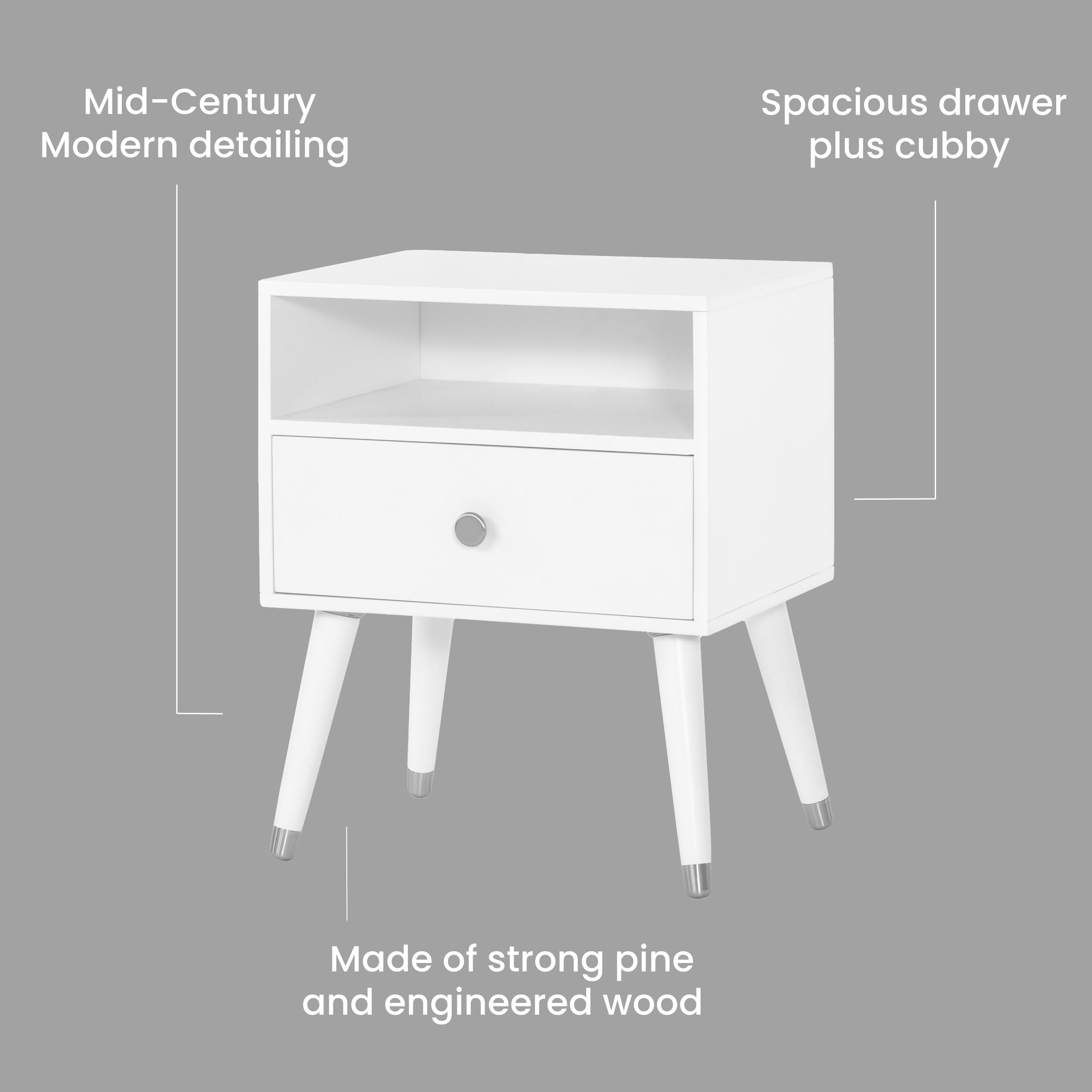 Child Craft Mod Drawer and Shelf Nightstand Accent Table for Nursery or Bedroom, Large Storage Drawer and Shelf, Made of Sturdy Pinewood, Non-Toxic, Baby Safe Finish (Matte White)