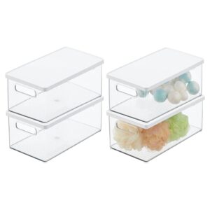 mdesign plastic storage bin box container, lid, built-in handles, organization for makeup, hair styling tools, accessories in bathroom cabinet, cupboard shelves, ligne collection, 4 pack, clear/white